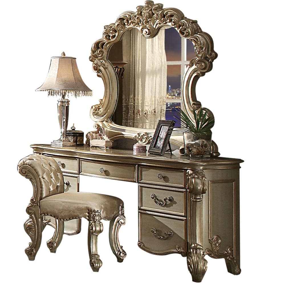 Acme Furniture Vendome Gold Patina and Bone Finish Makeup Vanity with ...