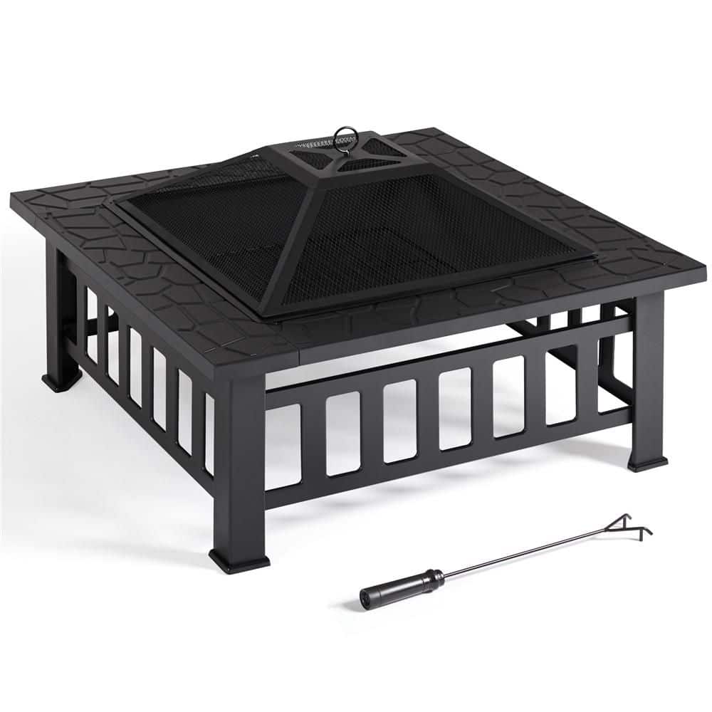 Yaheetech Outdoor Square Fire Pit with Cover and Poker for Barbecue ...