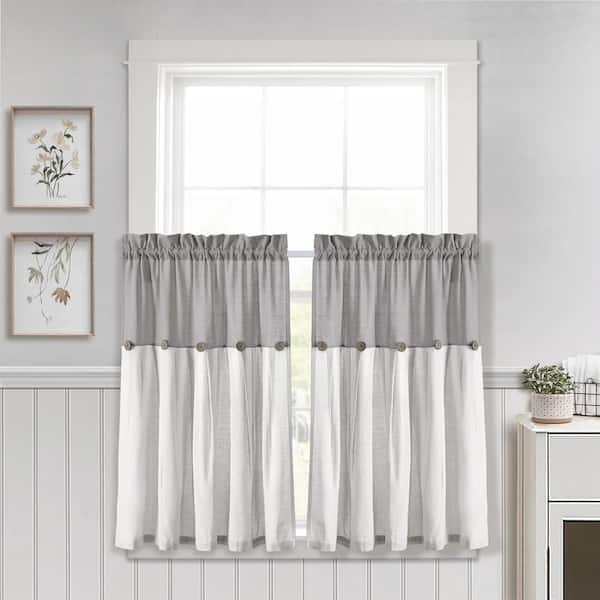 Lush Decor Linen Button Kitchen Tier Window Curtain Panels Gray/White ...