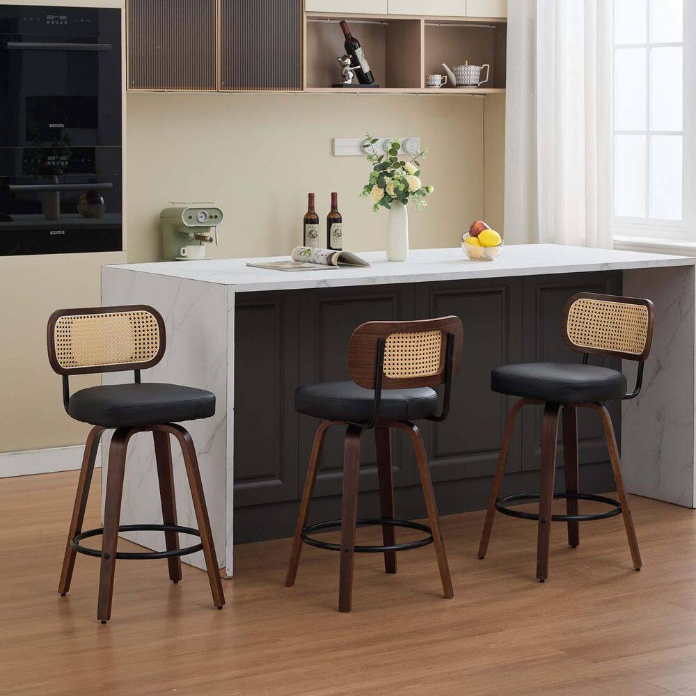 Black Modern Bar Stools Set of 3, Faux Leather Upholstered Swivel Bar ...