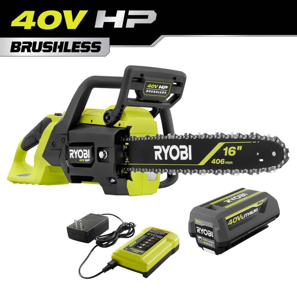 RYOBI 40V HP Brushless 16 in. Battery Chainsaw with 4.0 Ah Battery and ...