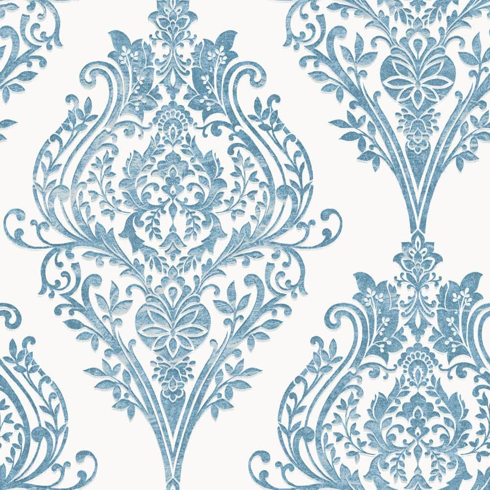 Tempaper Metallic Coastal Blue Estate Damask Unpasted Wallpaper Roll ...