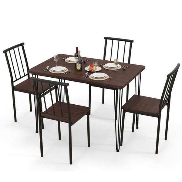 Gymax 5-Piece Walnut Wood Top Dining Table Set for Small Space Kitchen ...