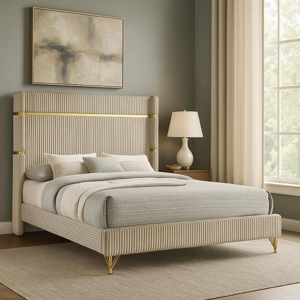 Benjara Jenny Beige and Gold Wood Frame King Panel Bed with Fluted Wingback Headboard BM318853 ...