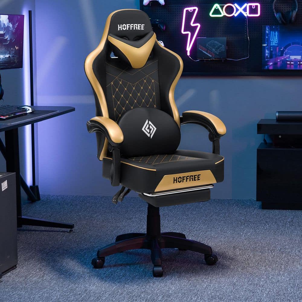 Hoffree Faux Leather Bluetooth Speakers Ergonomic Gaming Chair in Gold ...