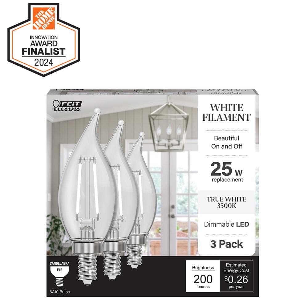Feit Electric 25W Equivalent BA10 E12 Candelabra Dim White Filament ...