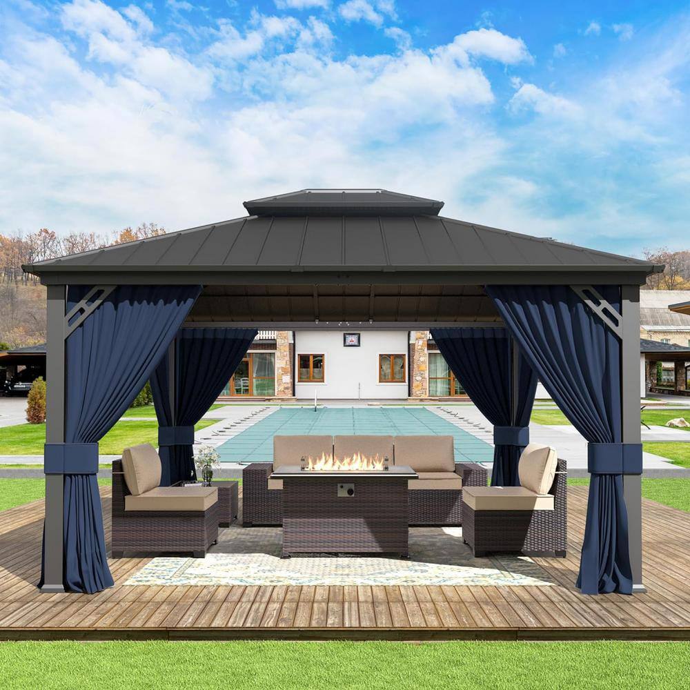 Halmuz 12 ft. x 14 ft. Gray Metal Hardtop Gazebo with Double Roof ...