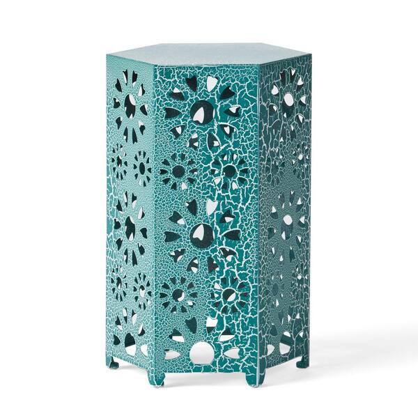 Harper & Bright Designs Hexagonal Prism Teal Iron Outdoor Side Table ...