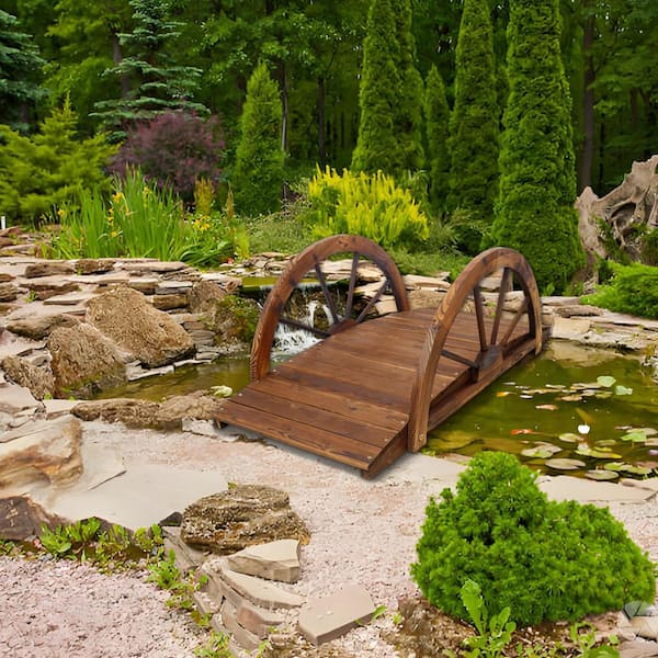 3.3 ft. Wood Garden Bridge with Half-Wheel Railings-Elegant Arc Footbridge for Outdoor Paths ...