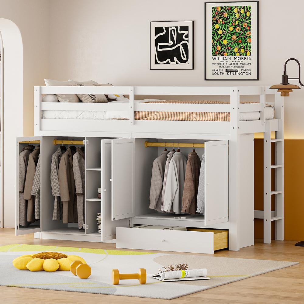 Nestfair White Wood Frame Twin size Loft Bed with Drawer, 2 Wardrobes ...