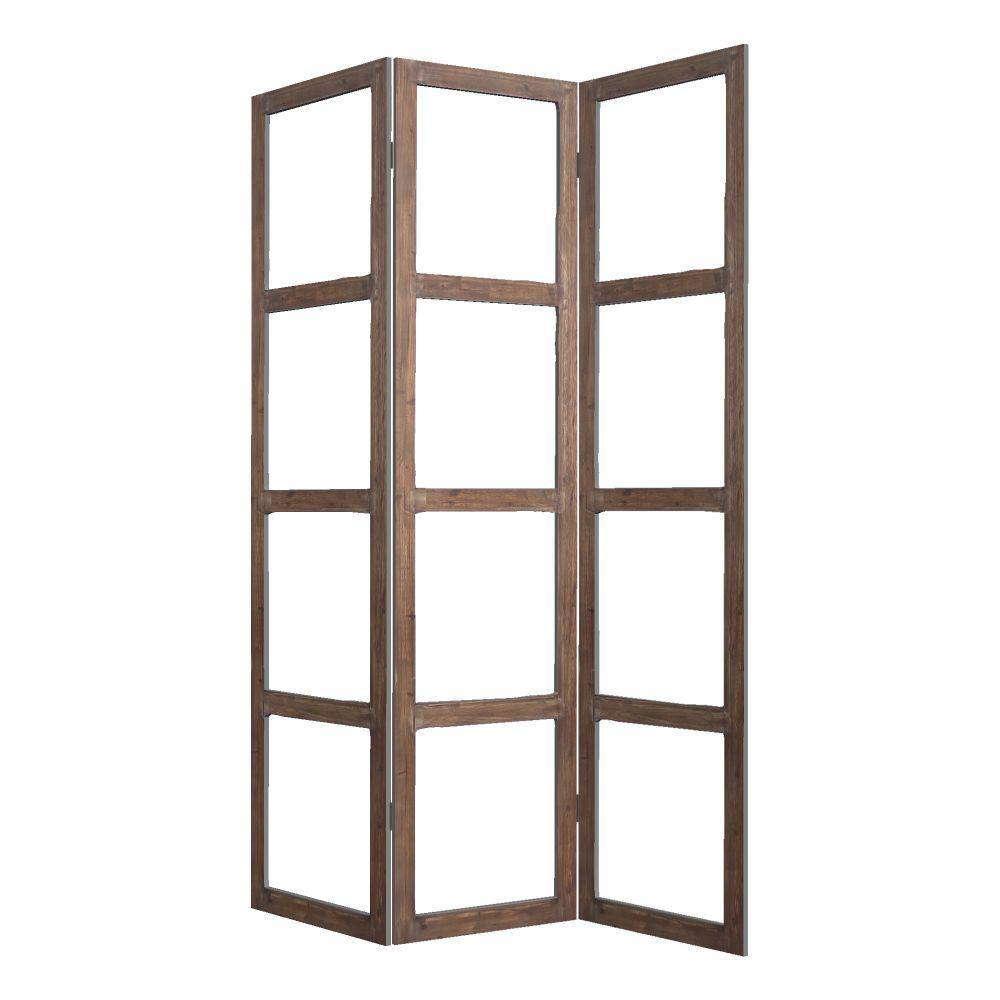 Benjara 84 in. H Brown and Clear 3-Panel Wood and Glass Screen Room ...