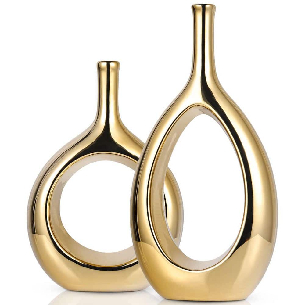 12 in. Gold Ceramic Decorative Vase Modern Minimalist Circle with Hole ...