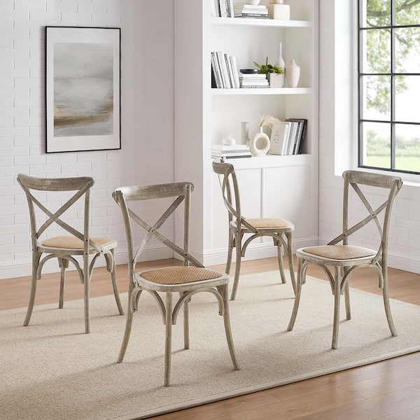 MODWAY Gear Rustic Modern Farmhouse Elm Wood Rattan Four Dining Chairs ...