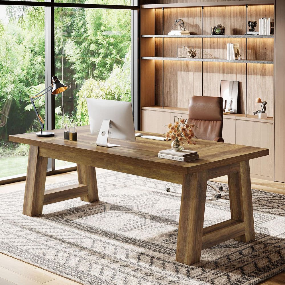 BYBLIGHT Moronia 70.5 in. Brown Computer Desk, Wooden Executive Desk ...