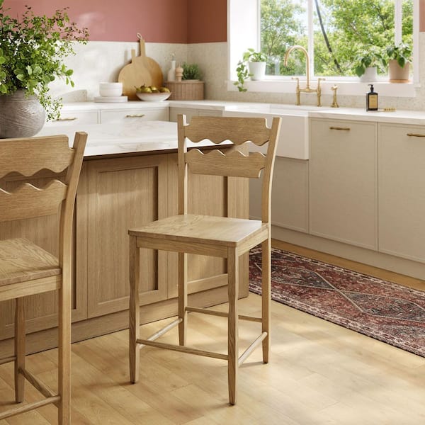 MODWAY Jax Vintage 43 in. H Inspired Oak Wood Counter Stool with Wavy ...