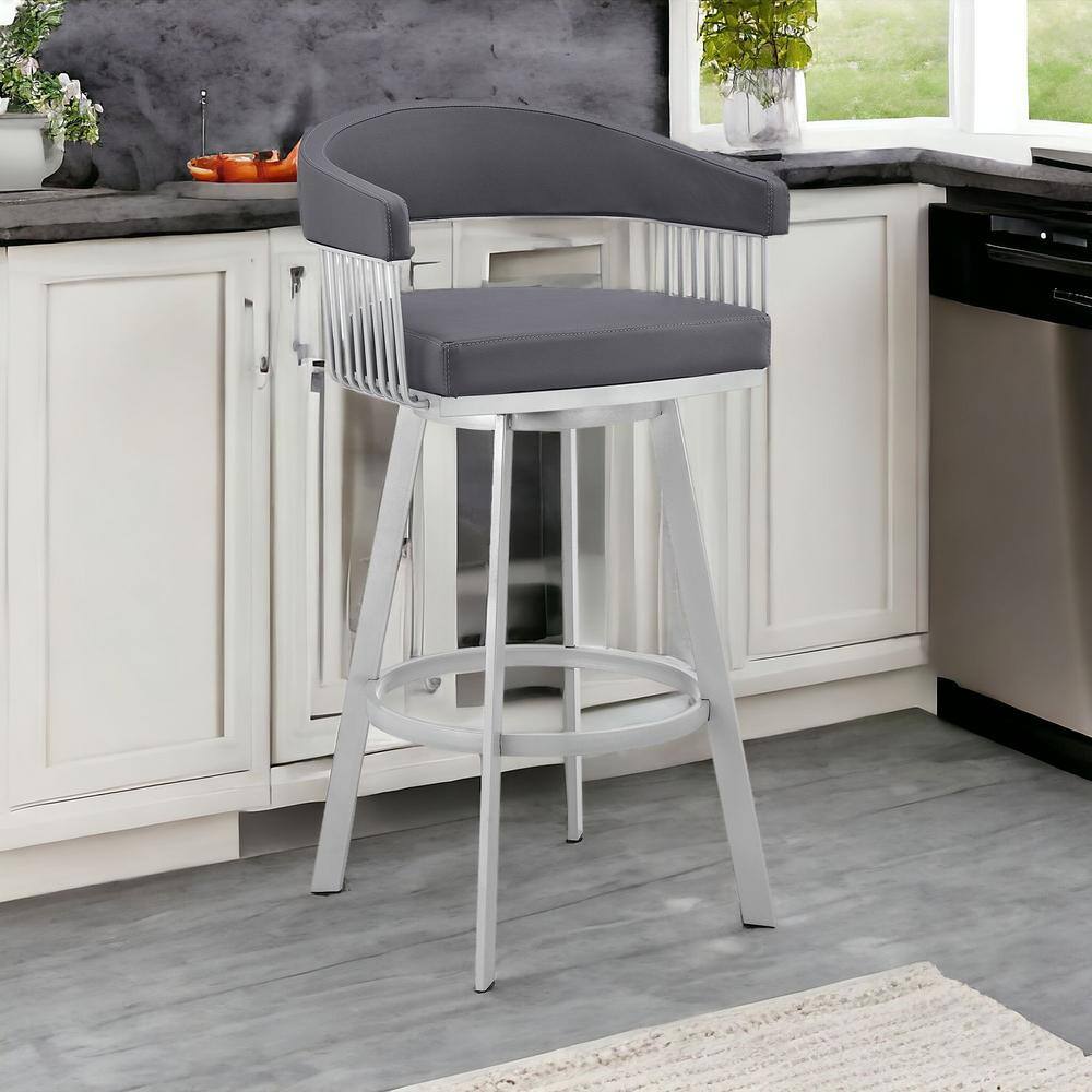HomeRoots 25 in. Slate Grey Metal Faux Leather Swivel Bar Stool ...