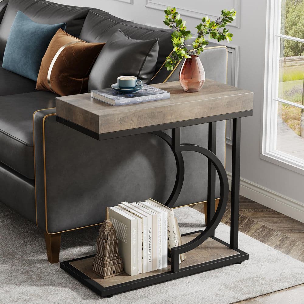 BYBLIGHT Kerlin 23.6 in. 2 PCS Gray C Shaped Rectangle Wood Narrow Side ...