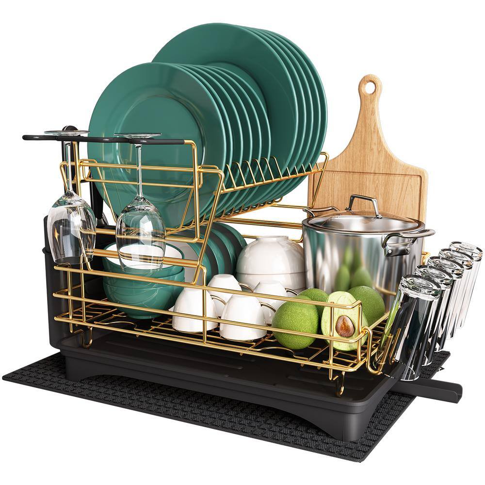 JASIWAY 2-Tier Metal Standing Dish Rack in Gold with Wine Glasses Rack ...