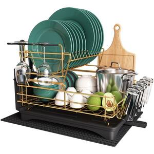 JASIWAY 2-Tier Metal Standing Dish Rack in Gray with Wine Glasses Rack ...