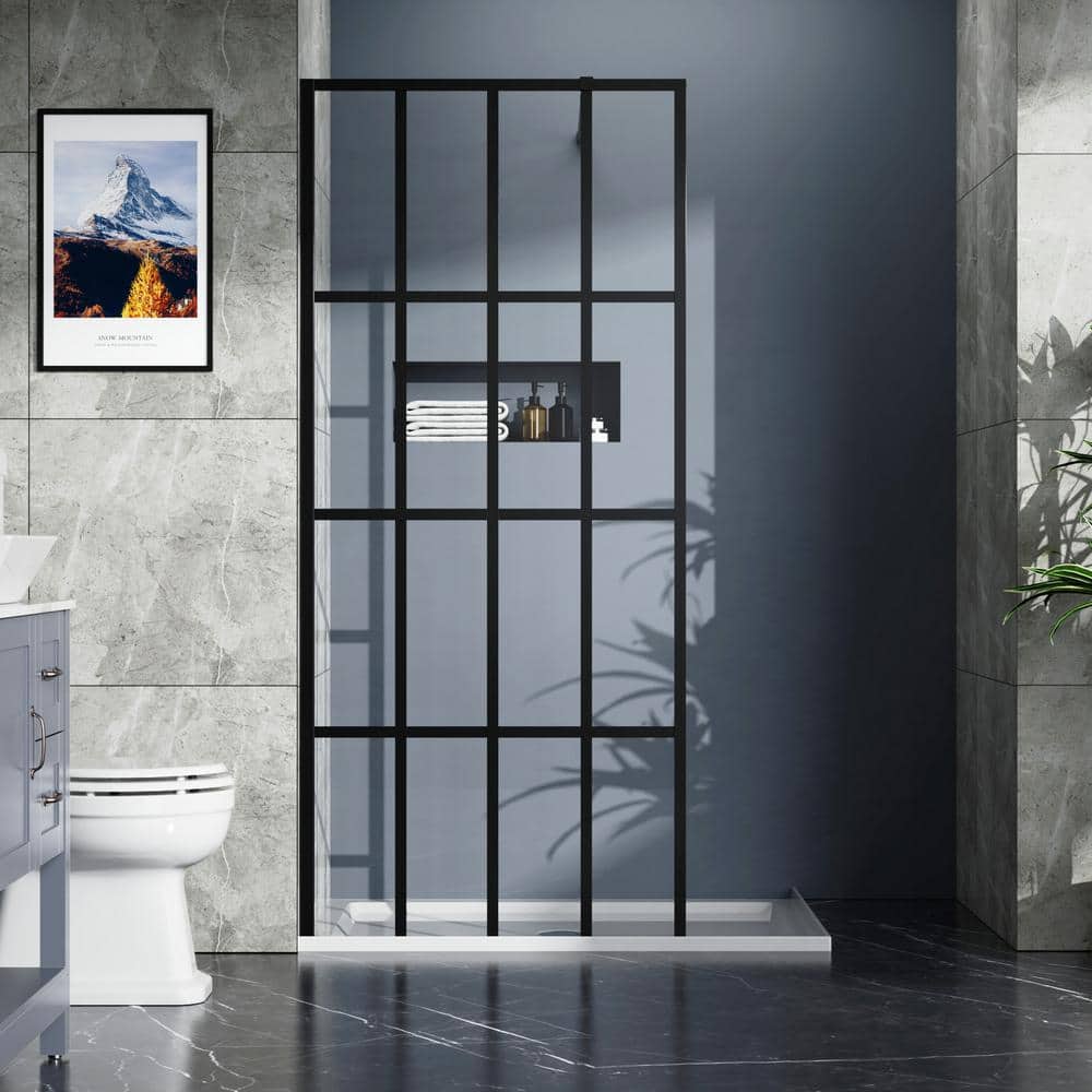 Dimakai 34 in. W x 72 in. H Fixed Framed Shower Door in Black with Clear Tempered Glass DK ...