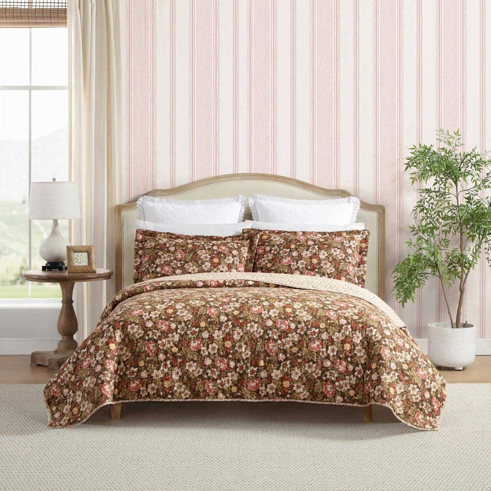 Laura Ashley Marta 3-Piece Brown 100% Cotton Full/Queen Quilt Set ...