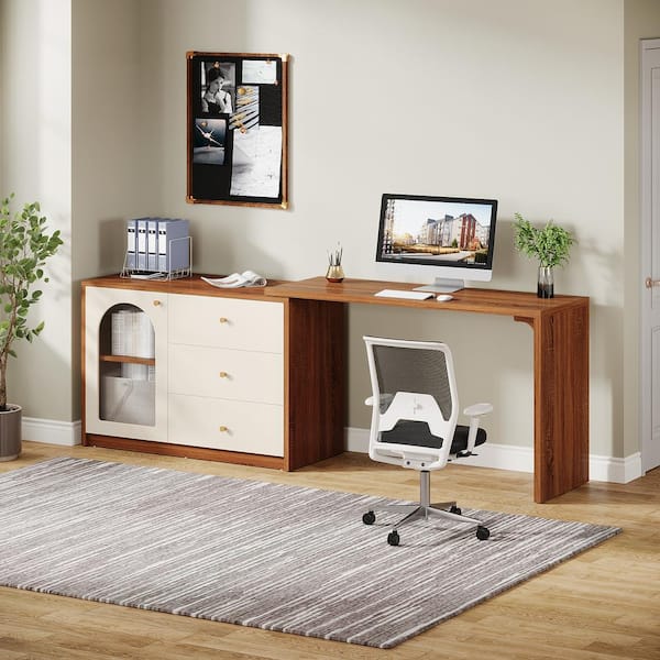 BYBLIGHT 82.67 in. L Shaped Walnut and Beige Engineered Wood BYBLIGHT 82.67 in. L Shaped Walnut and Beige Engineered Wood