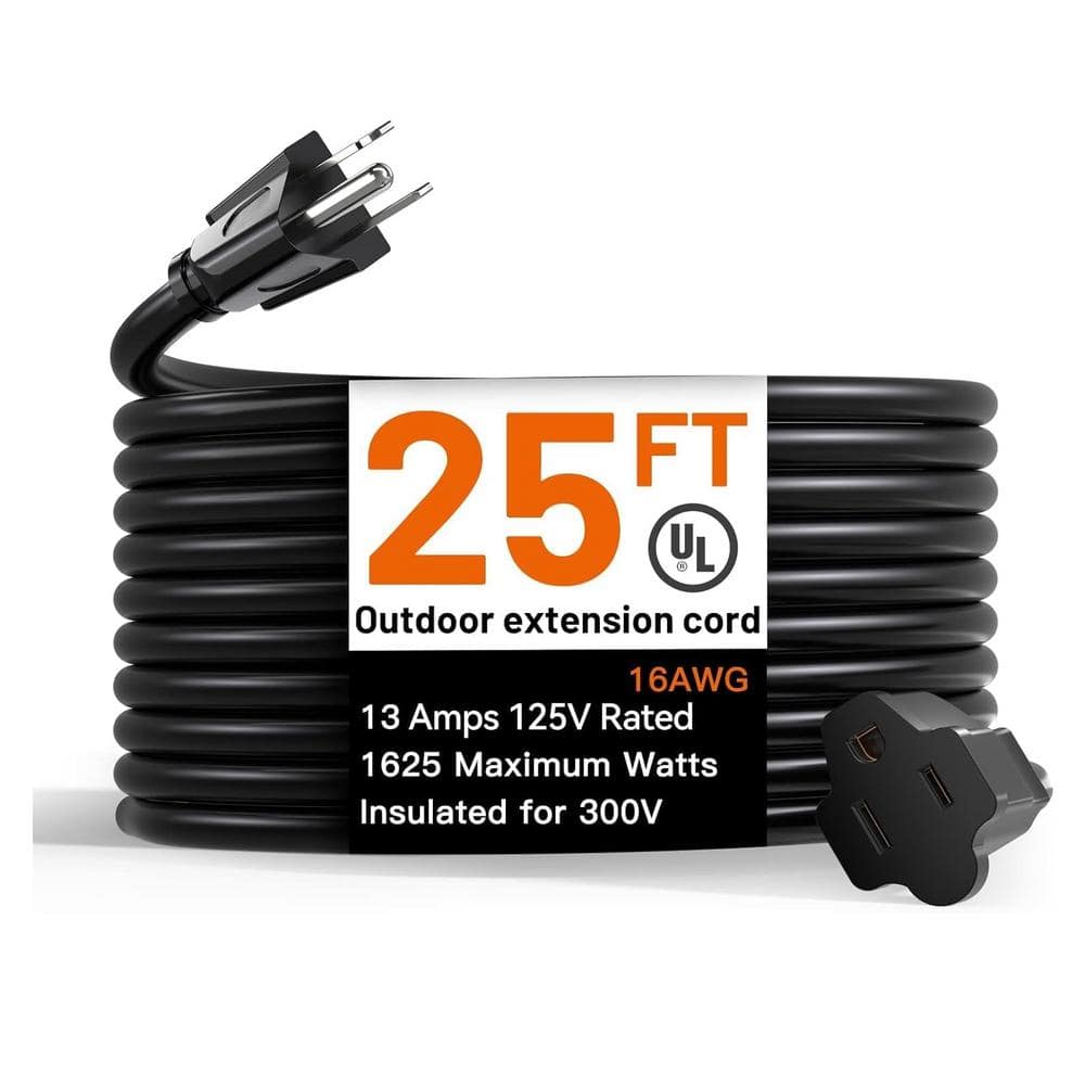 Lukyamzn 25 ft. 16/3 Heavy Duty Outdoor Extension Cord with Flexible Long Wires, Black (1-Pack ...