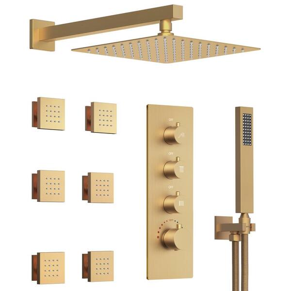 GRANDJOY Thermostatic Shower 7-Spray Wall Mount 12 in. Fixed and ...