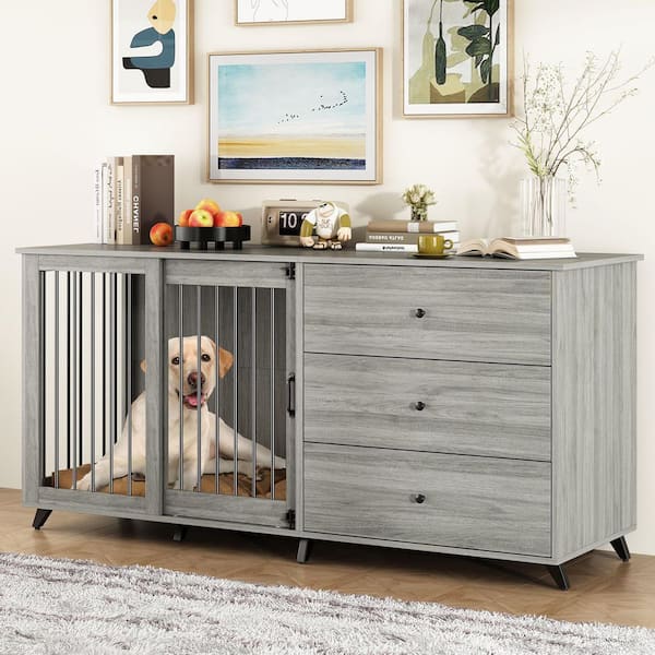FUFU&GAGA Modern Large Wooden Dog Kennel Furniture Storage Cabinet, Heavy-Duty Dog Cage with 3 ...