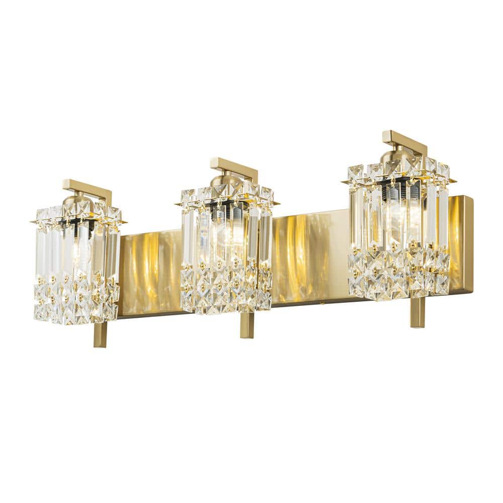 Rennnsan Charlotte 25.6 in. 3-Light Modern Gold Bathroom Vanity-Light with Square Crystal Shades ...
