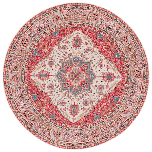SAFAVIEH Tuscon Red/Beige 6 ft. x 6 ft. Machine Washable Medallion ...