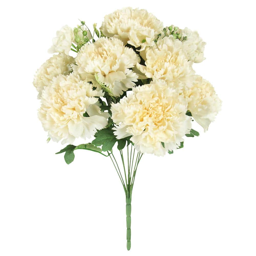 LIVING LUXURY 18 in. Cream White Artificial Carnation Flower Stem Bush Bouquet (Set of 2) 91981 ...