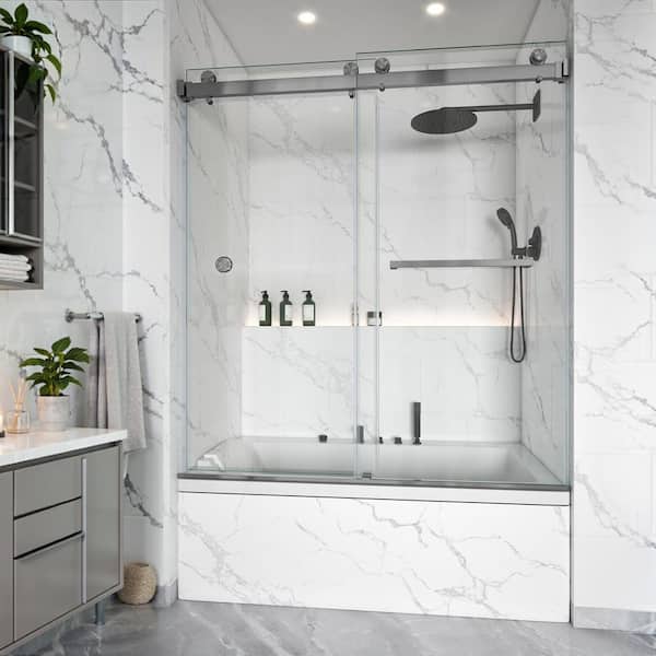 LASIHEM 56-61 in. W x 60 in. H Double Sliding Frameless Tub Door in ...