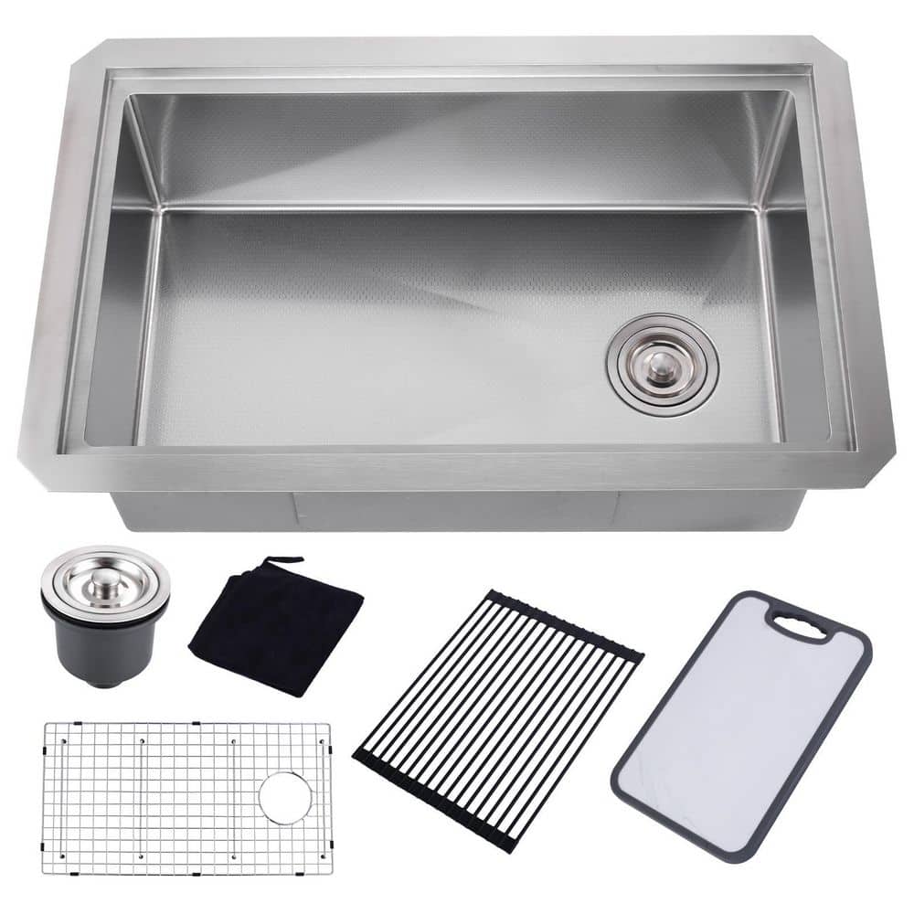 WOWOW 32 in. Drop-in/Undermount Single Bowl 16-Gauge Brushed Nickel Stainless Steel Kitchen Sink ...