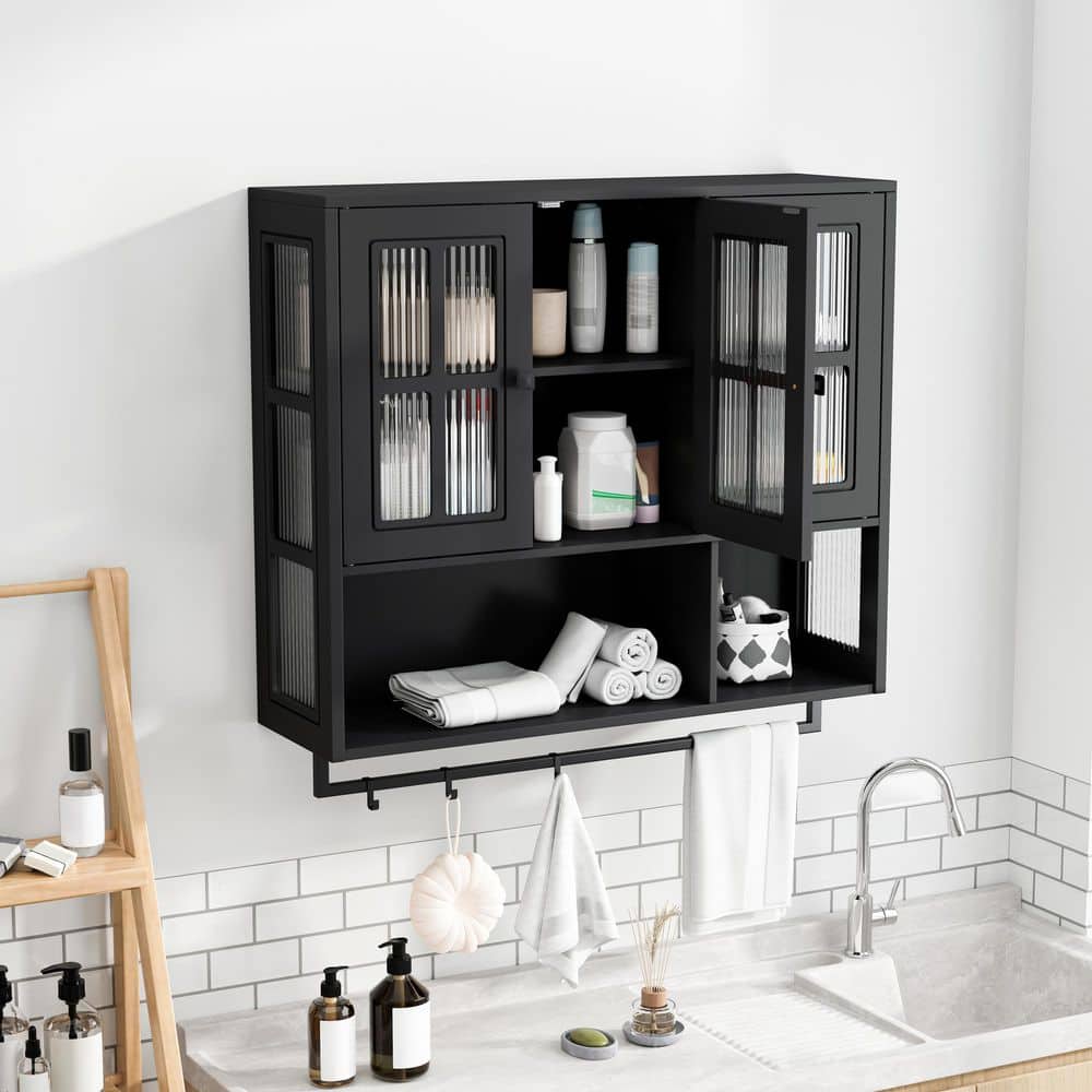 Noble House Danyale Black Wood 32.48 in. H Storage Wall Cabinet with 3 ...