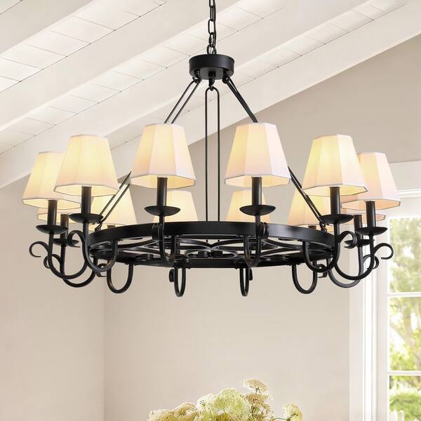 WDETR 8 in. Black 12-Light Integrated LED Chandelier with Fabric Shade ...