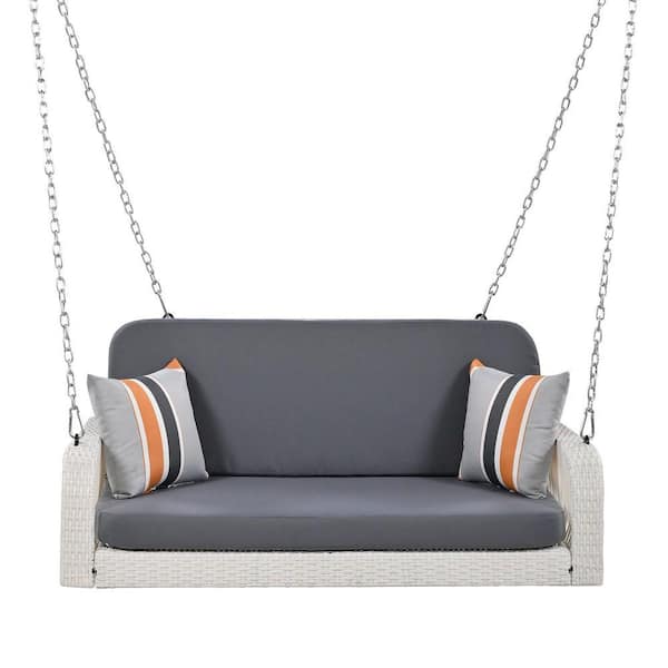 Zeus & Ruta 2-Person Wicker Porch Swing With Chains and Gray Cushions ...
