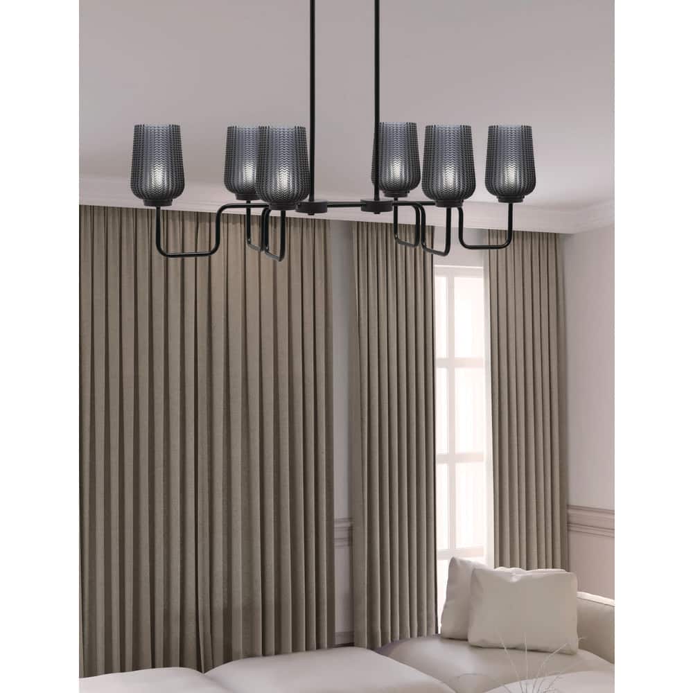 Elonia 6 Light Matte Black Linear Chandelier with 5 in. Smoke Textured ...