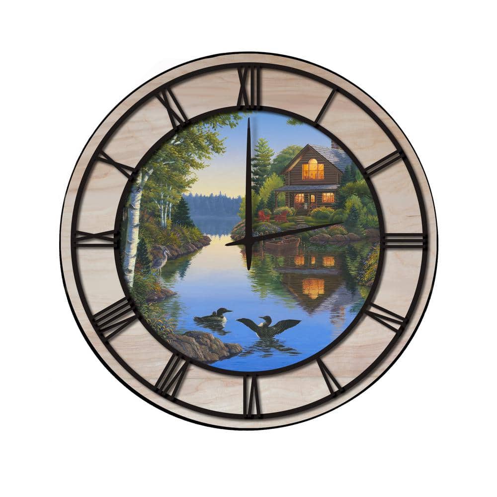 "Lake Cabin" Woodgrain Accent and Black Numbers Imaged Wall Clock CL-LC ...