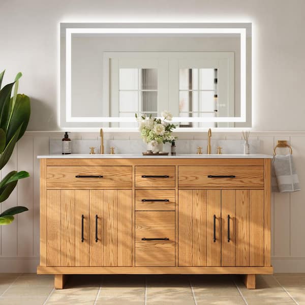 DEERVALLEY 60 in. Double Sink Freestanding Light Oak Bath Vanity with ...