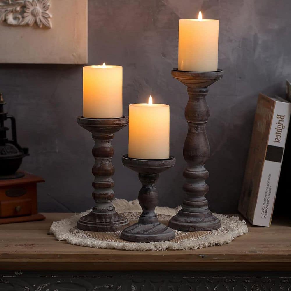 Brown Wood Pillar Candle Holder (3-Pack) Z0B3J2D8VZ - The Home Depot