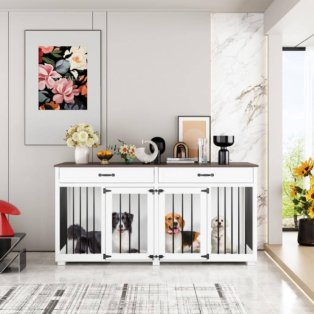 FUFU&GAGA 64.6 in. Large Dog Crate Furniture, Wooden Dog Crate Kennel ...