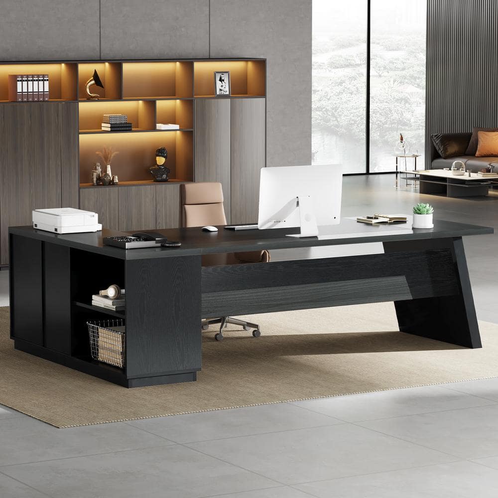 BYBLIGHT Capen 78.7 in. L Shaped Black Wood Executive Desk with 3 ...