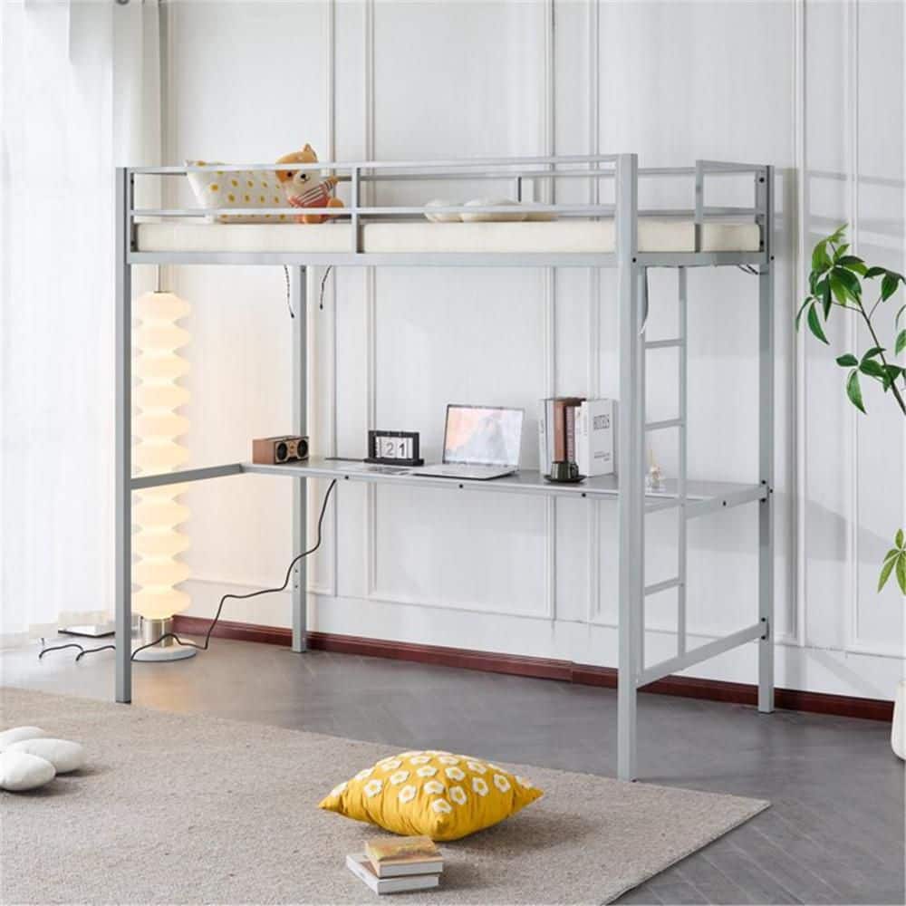 Karl home Gray Desk Twin Metal Loft Bed Frame with Wood Color Desk and ...