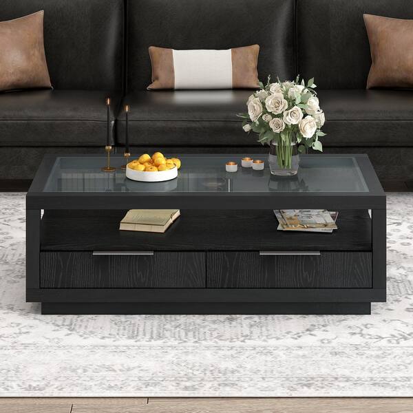 Harper Bright Designs 52 in. Black Rectangle Transparent Tempered Glass Top Coffee Table with Open Shelf and 2 Drawers WC041AAB
