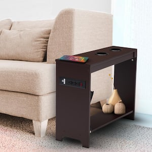 HOMESTOCK Espresso Narrow End Table with Storage, Flip Top Narrow Side ...