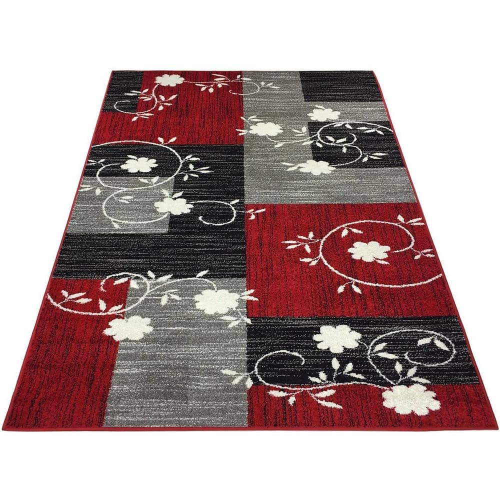 RugStylesOnline Designer Squares and Flowers Red 5 ft. x 7 ft. Classic ...