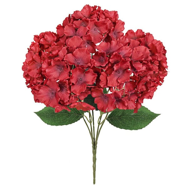 LIVING LUXURY 19 in. Red Artificial Hydrangea Flower Stem Bush Bouquet ...