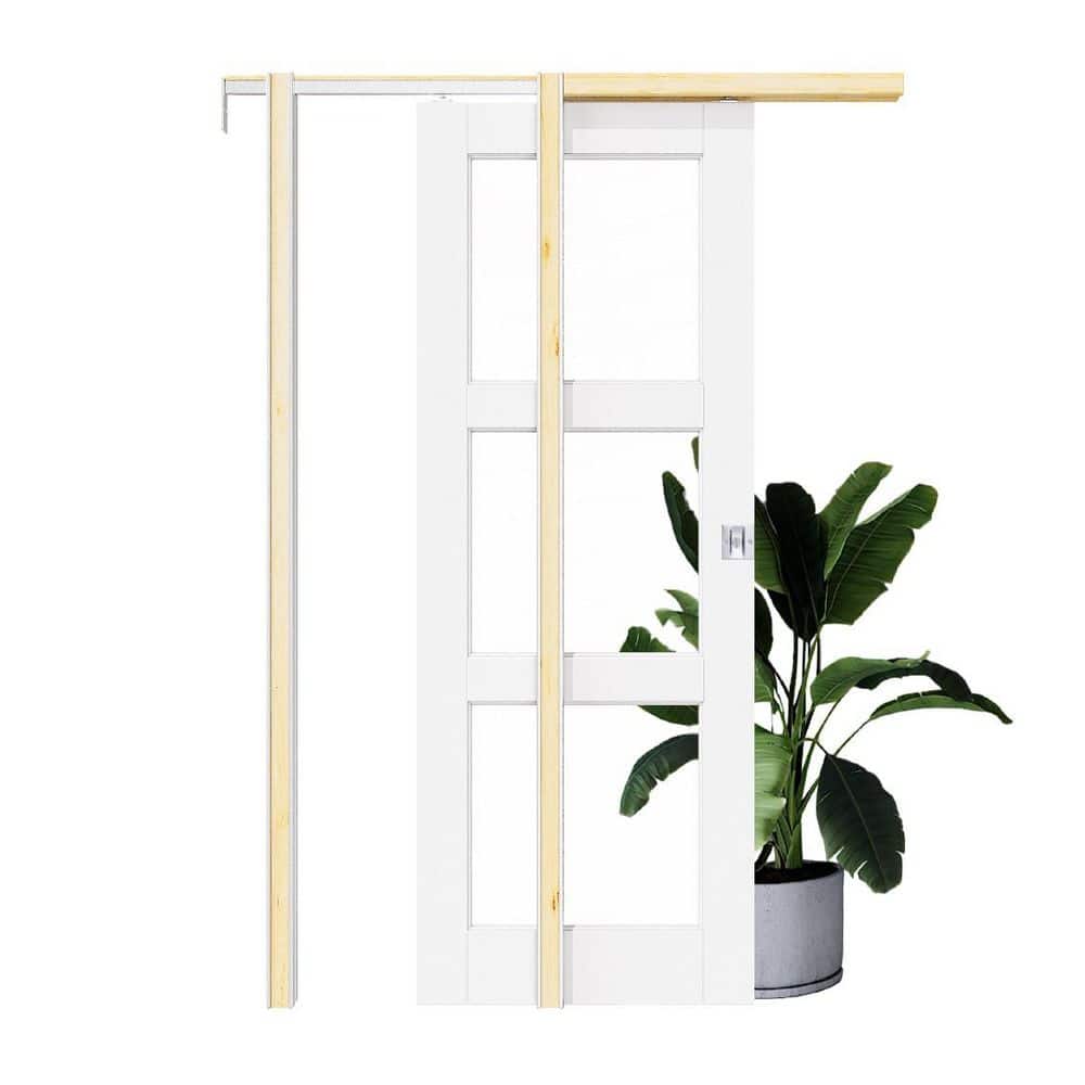 ARK DESIGN 32 in. x 80 in. 3-Lite Clear Glass White Primed Wood Pocket ...