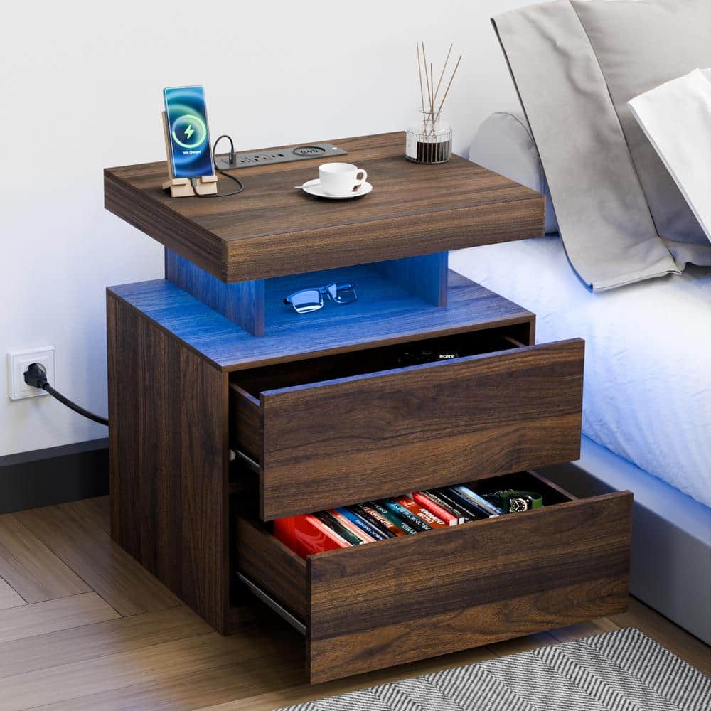 Hommpa Modern Walnut 2-Drawer 19.7 in. W Nightstand with Charging ...